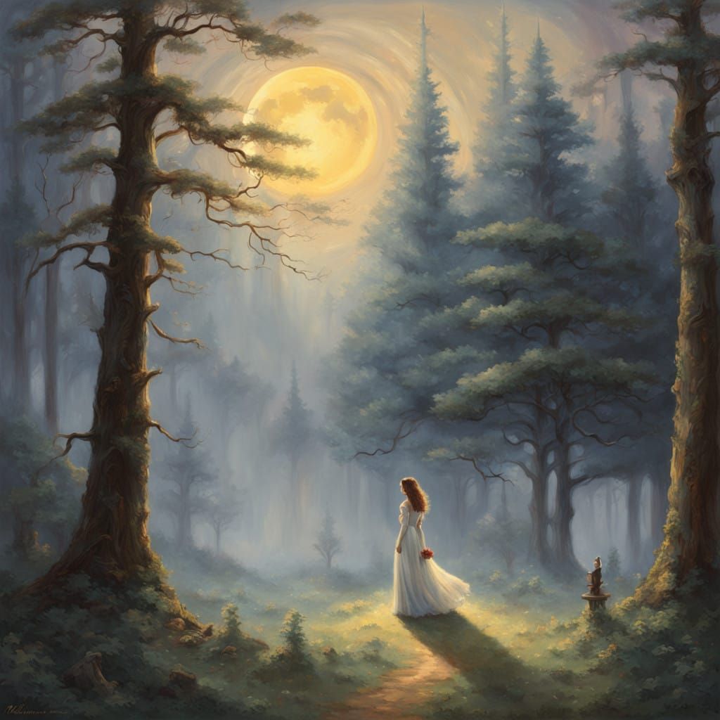 Moon Rising Behind Pines - Mystical Forest Scene at Dusk in...