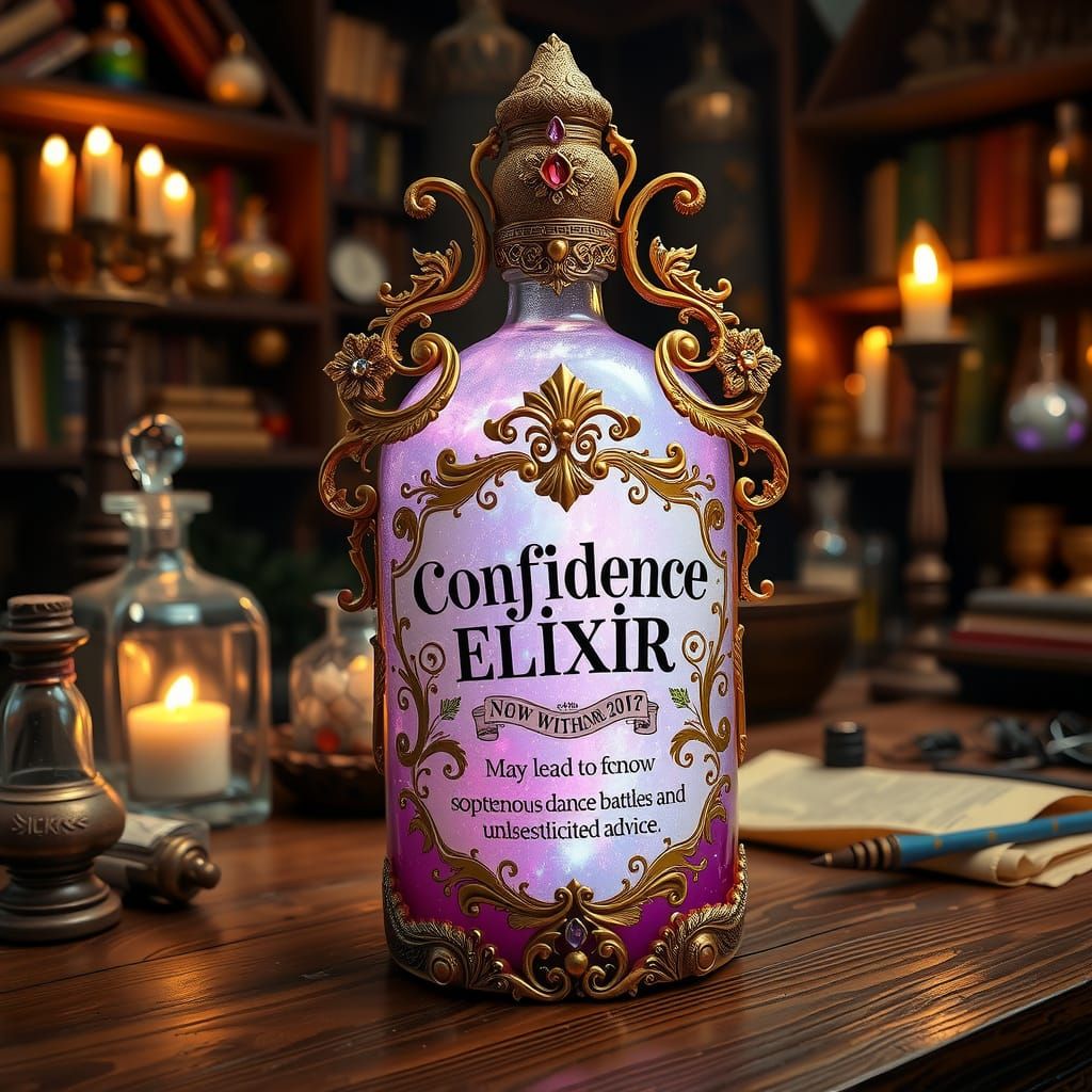 Surreal Magical Elixir Bottle on Wizard's Workbenc... - AI Art
