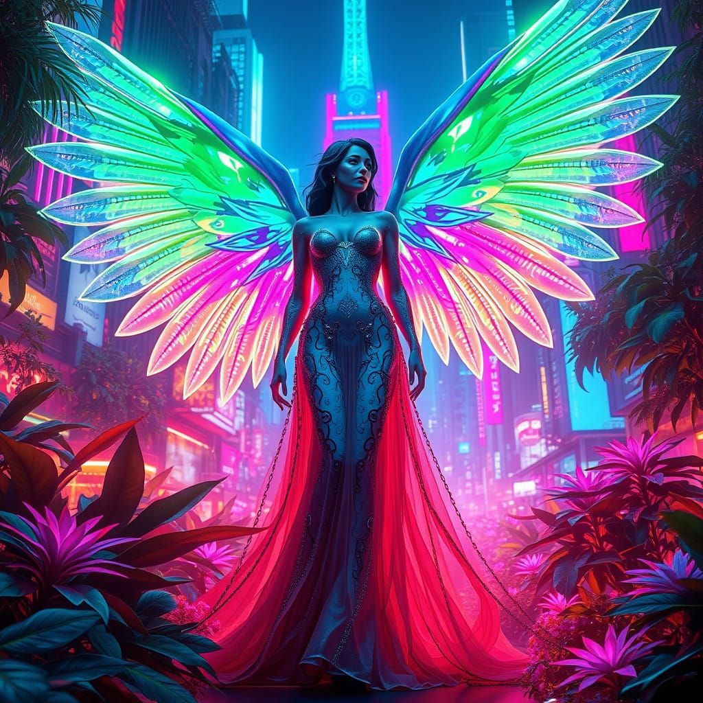 cybernetic Angel Beauty with big neon green pink blue wings, in a ...