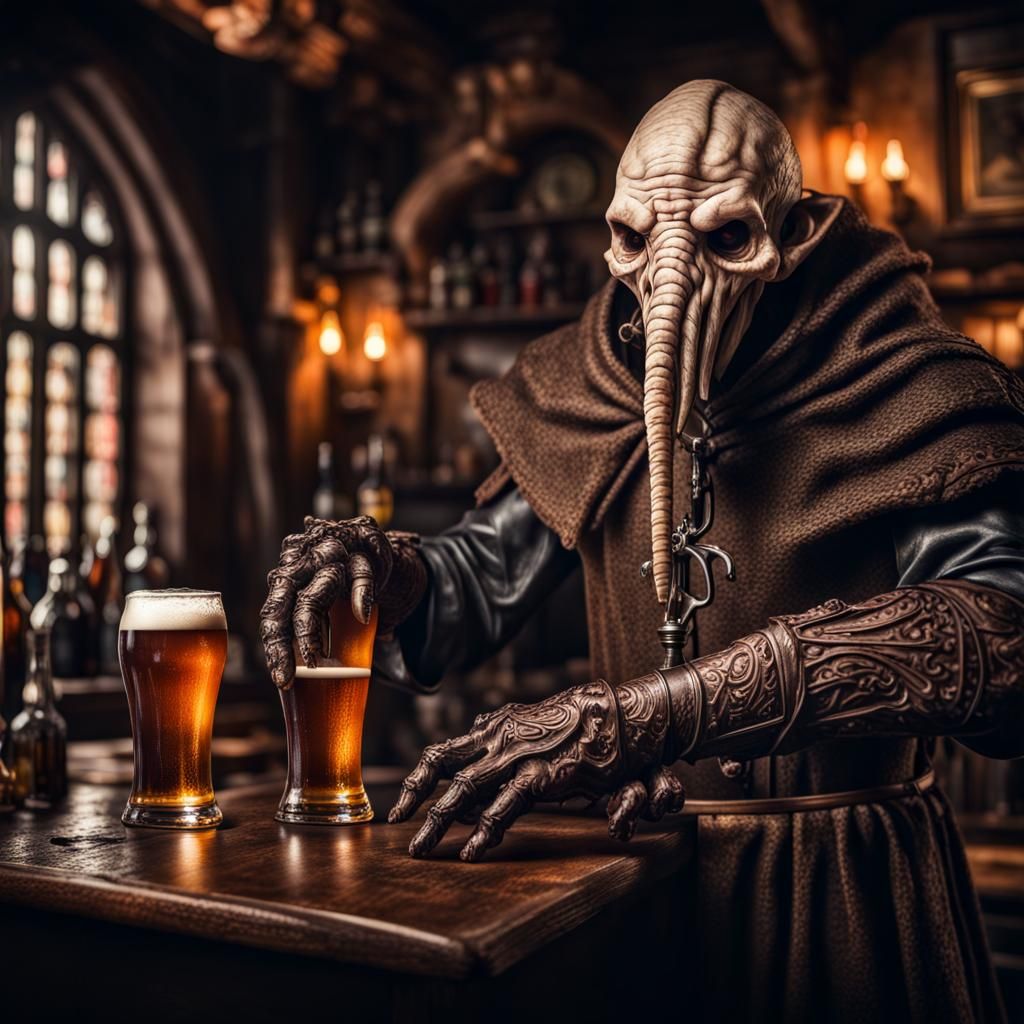 friendly mind flayer bartender serving beer and Mead in medieval pub ...