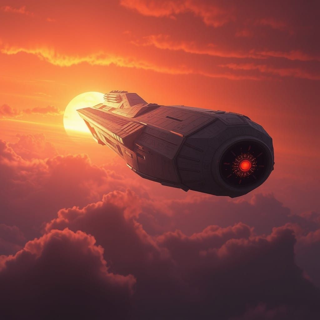 Starship sunset 1 - Ethereal Starship Ascends into Sunset Ha...