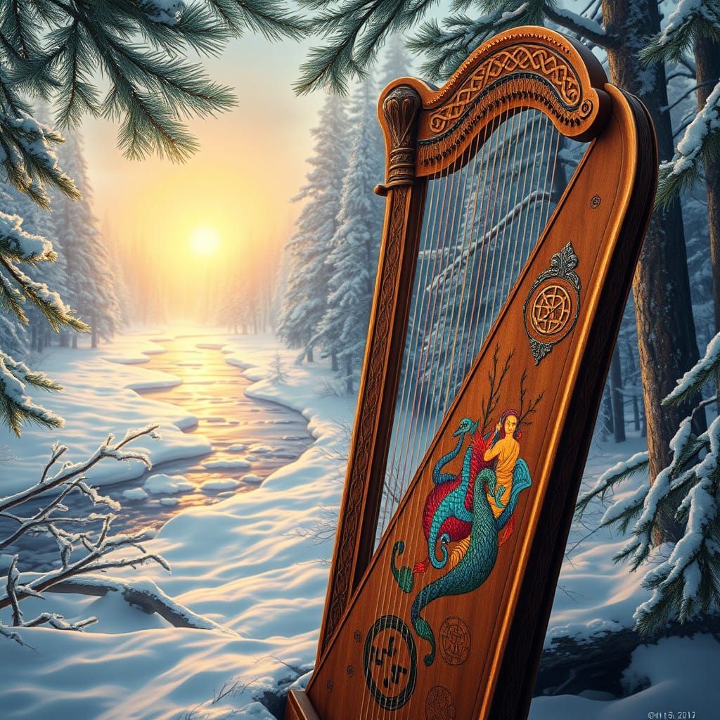 Ancient irish arp - Hyperrealistic Ancient Irish Harp in Sno...