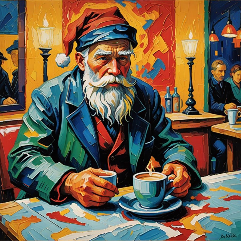 Santa in NightCafe hot coffee - Jolly Santa in Cozy NightCa...