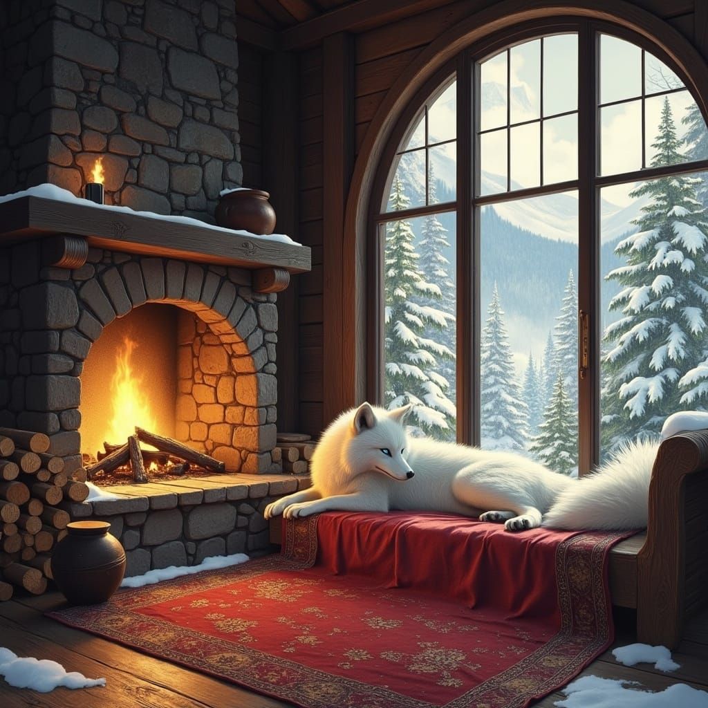 Winter's Hearth - Snow-Covered Cabin Scene in Warm Winter Wo...