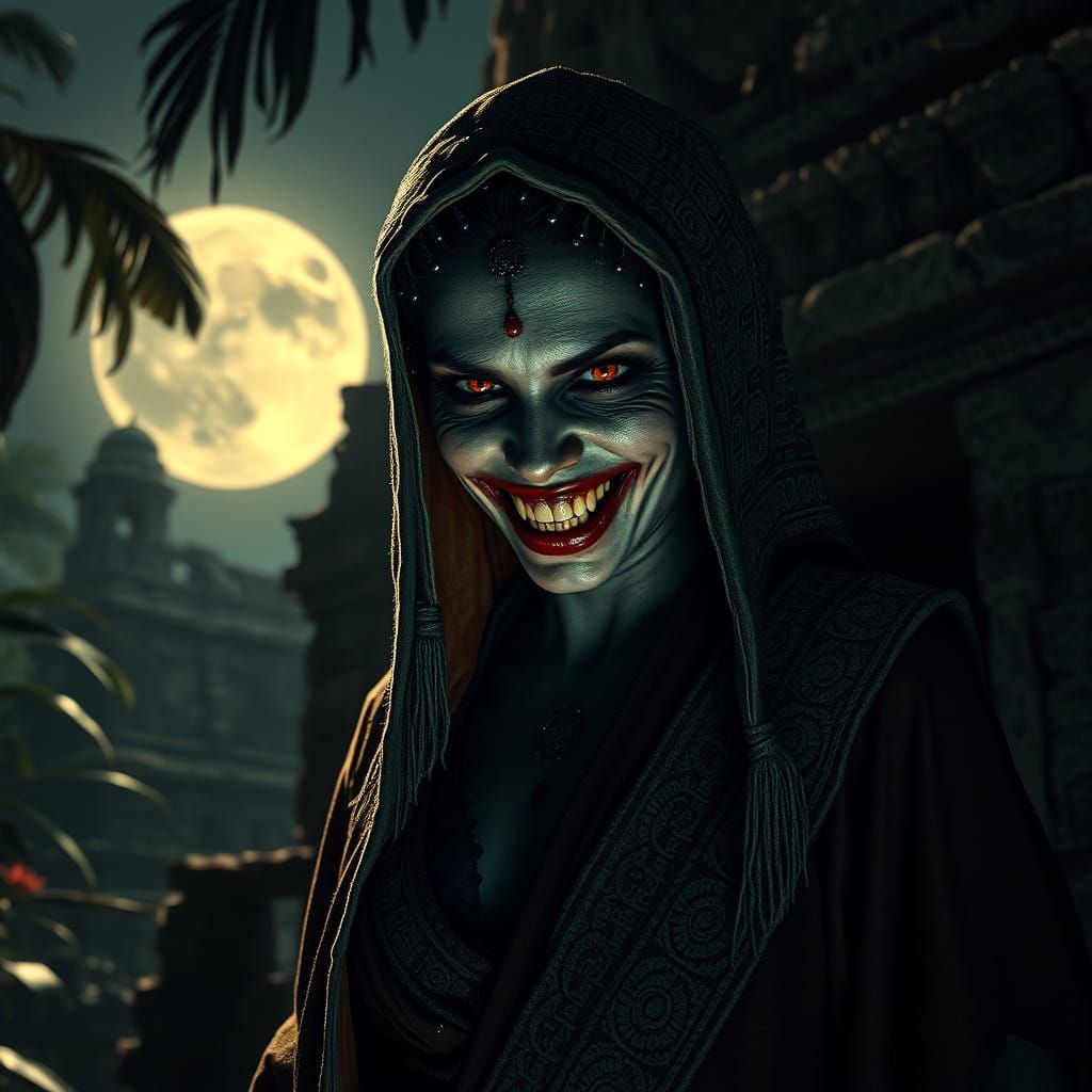 Seductive Aztec Vampire Emerges from Jungle Temple... - AI Art