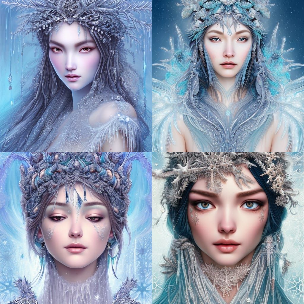 Intricately detailed portrait of “elaborate winter icicle goddess” with intricate freeze clear ...