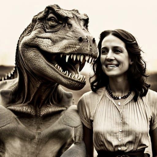 Real old pic of a woman and a Tyrannosaurus Rex - AI Generated Artwork ...