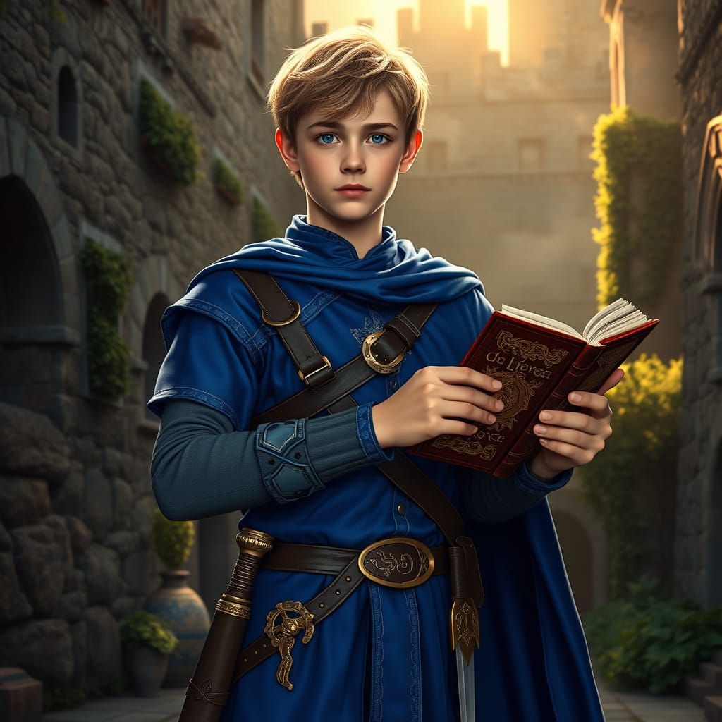 Young Noble Squire in Regal Attire, Holding Ancien... - AI Art