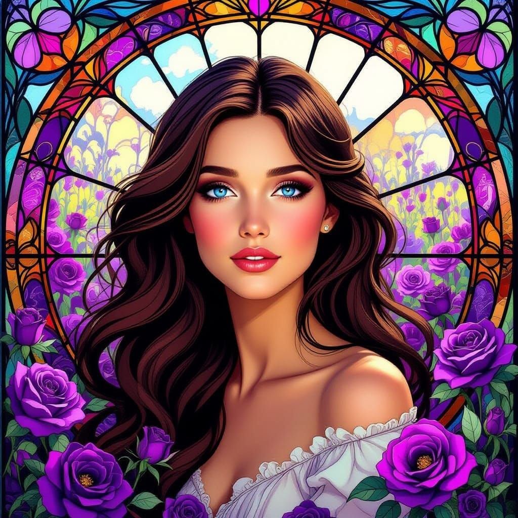 imagine a stunning stainwd glass window illustration in rose purple ...