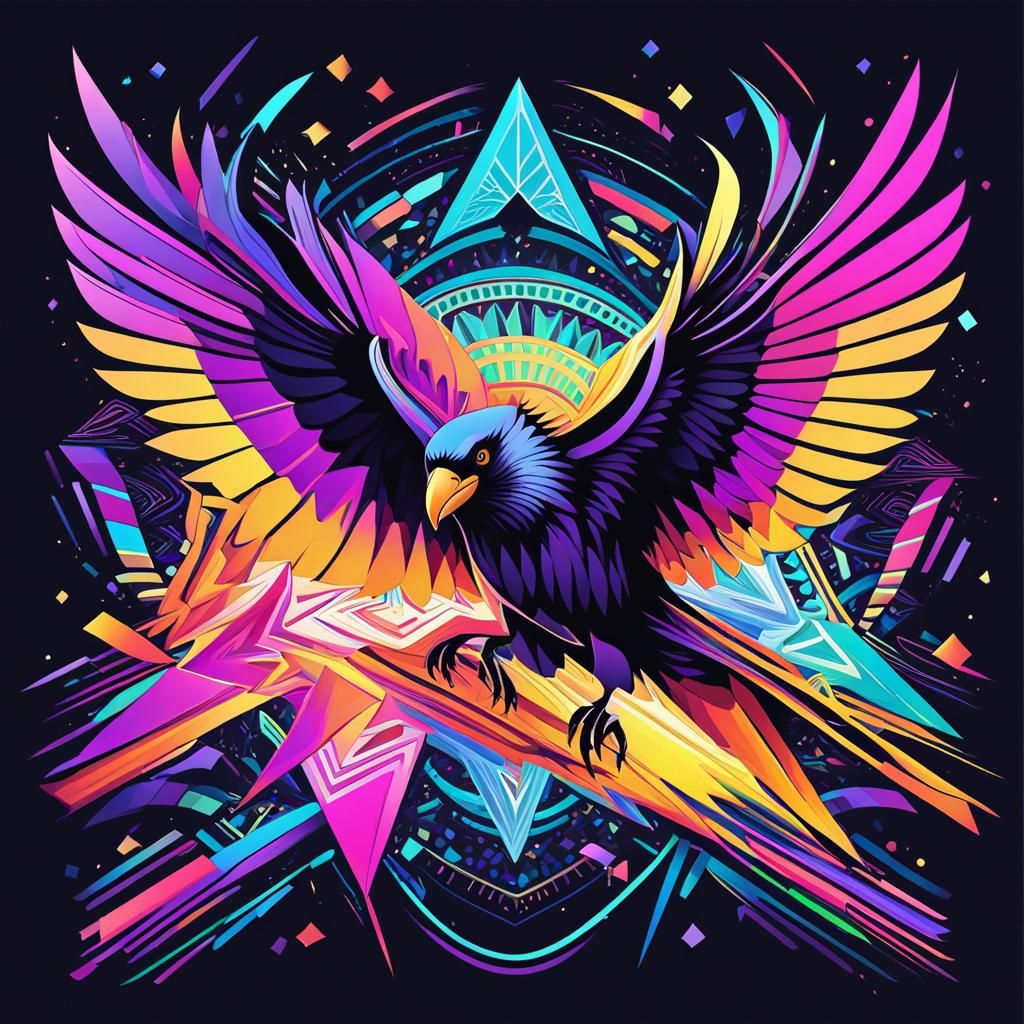 Hyper detailed cubist psychedelic artwork of a flying crow made of geometric shapes, intricately ...