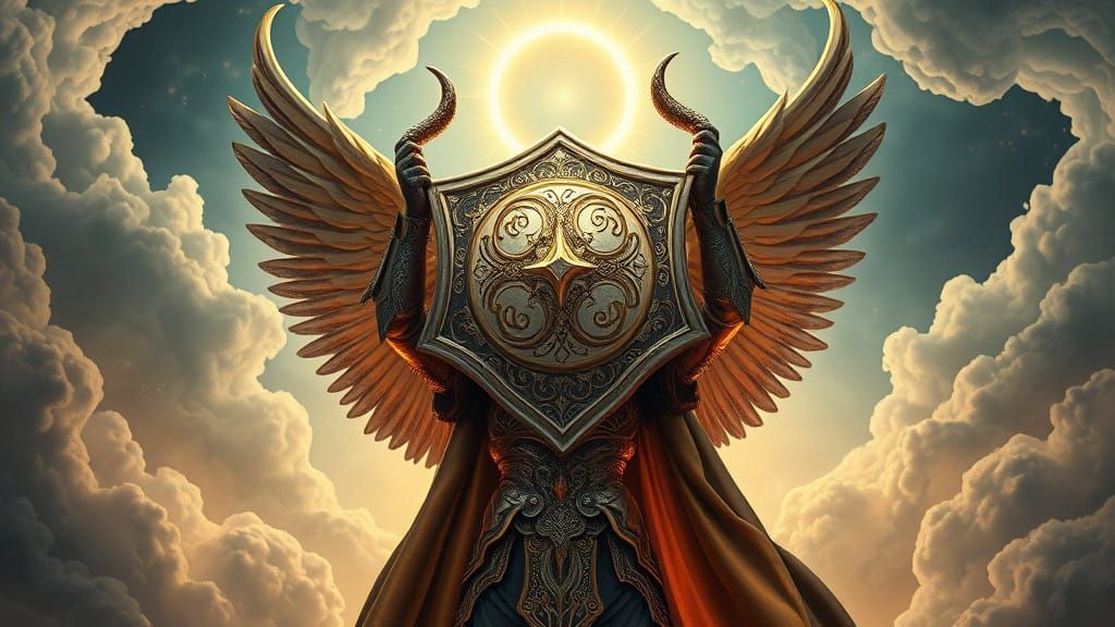 archangel mikael hold a shields shaped like : a figure 8 with a halo on ...