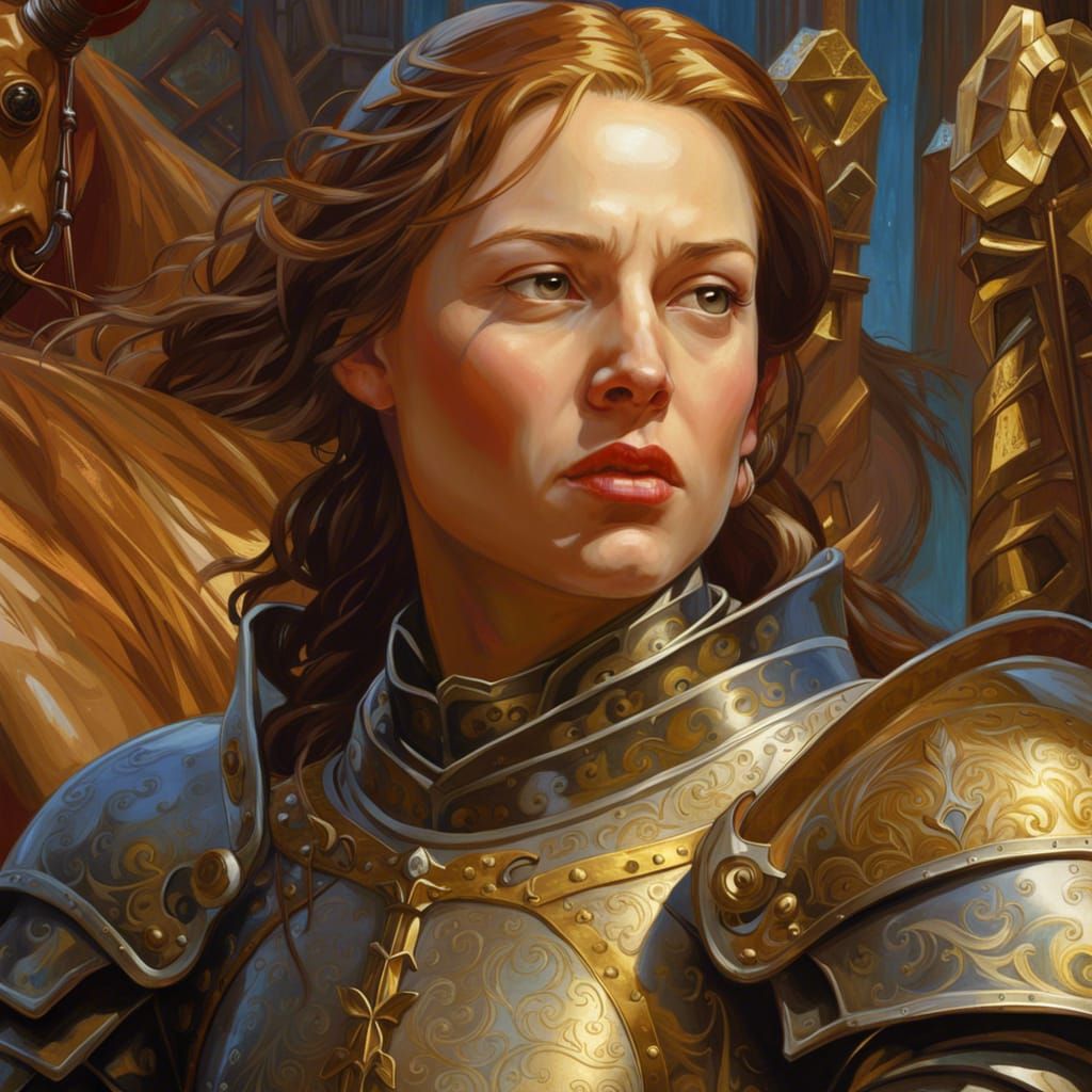 Joan of Arc on horseback, determined but sad face - AI Generated ...