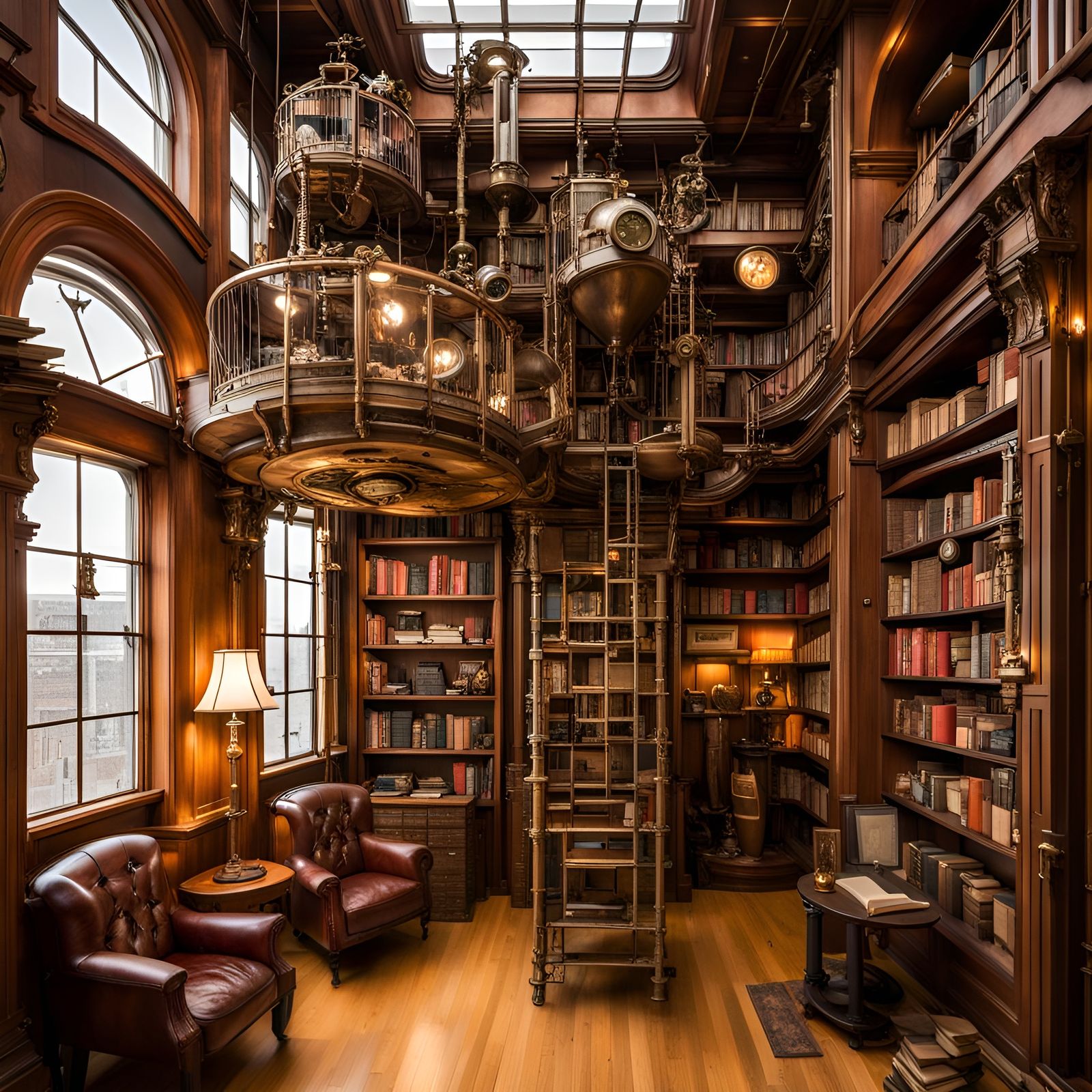 Steampunk Library (with steampunk contraption to reach books on upper ...