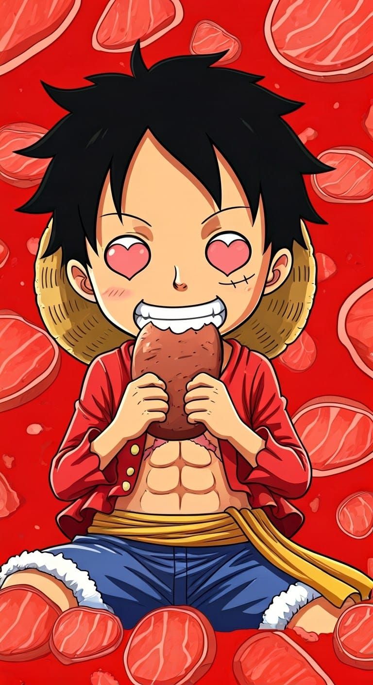 Chibi Luffy Devours Meat with Heart-Shaped Eyes in... - AI Art