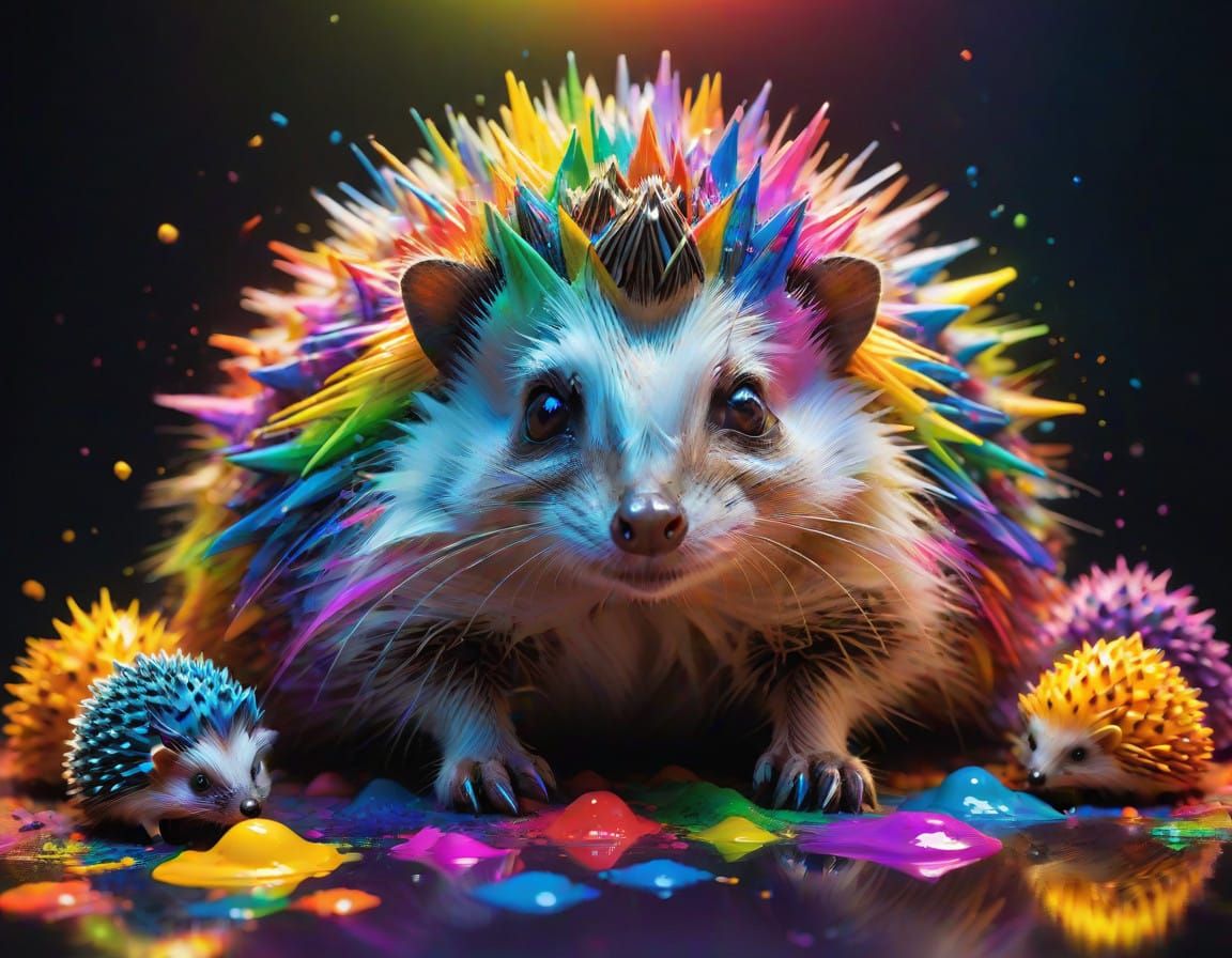 Whimsical Feline Awakening: Vibrant Hedgehog Splat... - AI Art