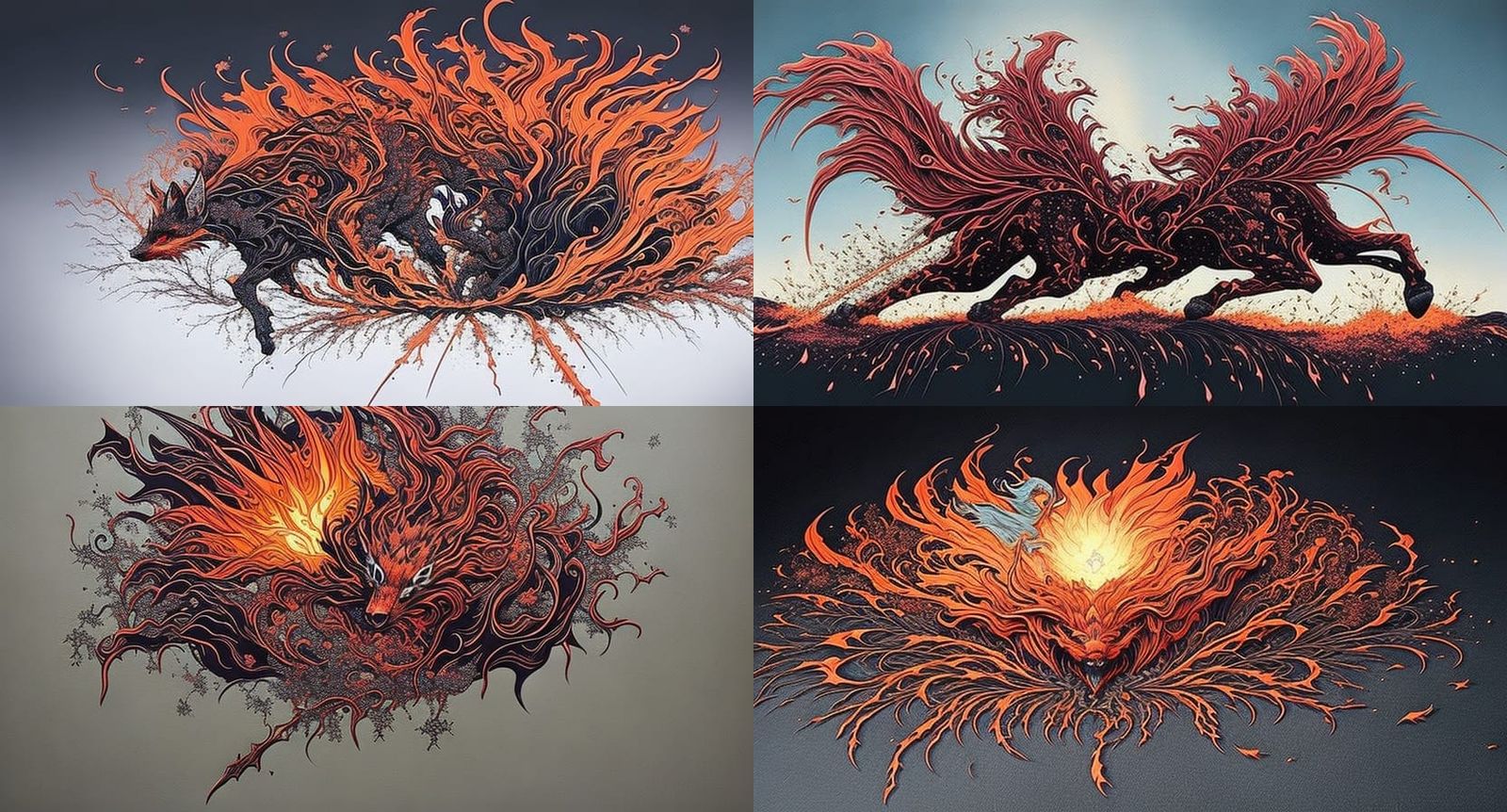 By Junji Ito: flaming 9-tailed fox exploding into paint burst! Oil ...