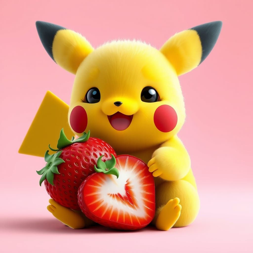 Cute Baby Pikachu Savoring Juicy Strawberry - AI Art