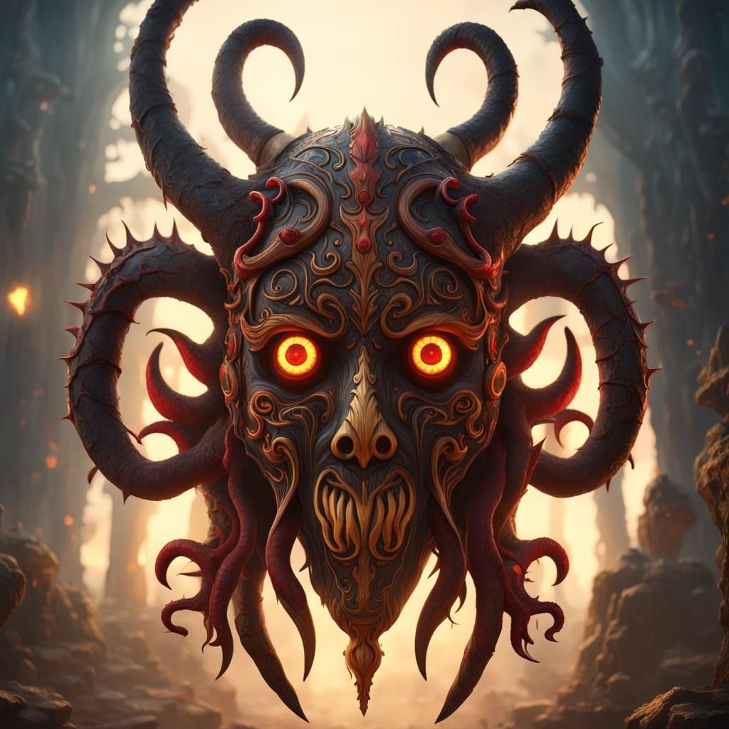 Wooden mask with eight red eyes,horns,fangs and glowing yellow runes ...