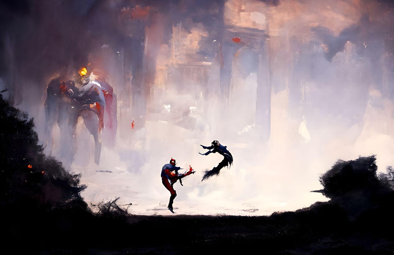 Two men in a super hero fight sinister by Greg Rutkowski - AI Generated ...