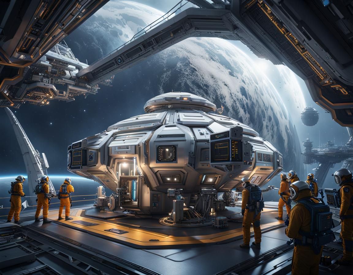 Life on a spaceship. Outboard team prepares a surface module for ...