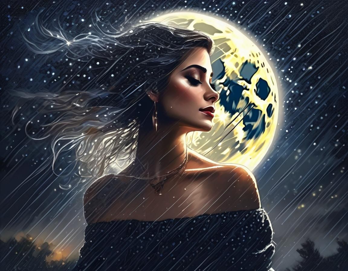 Moonlit portrait, Beautiful portrait of a lady in the night, bathed in ...