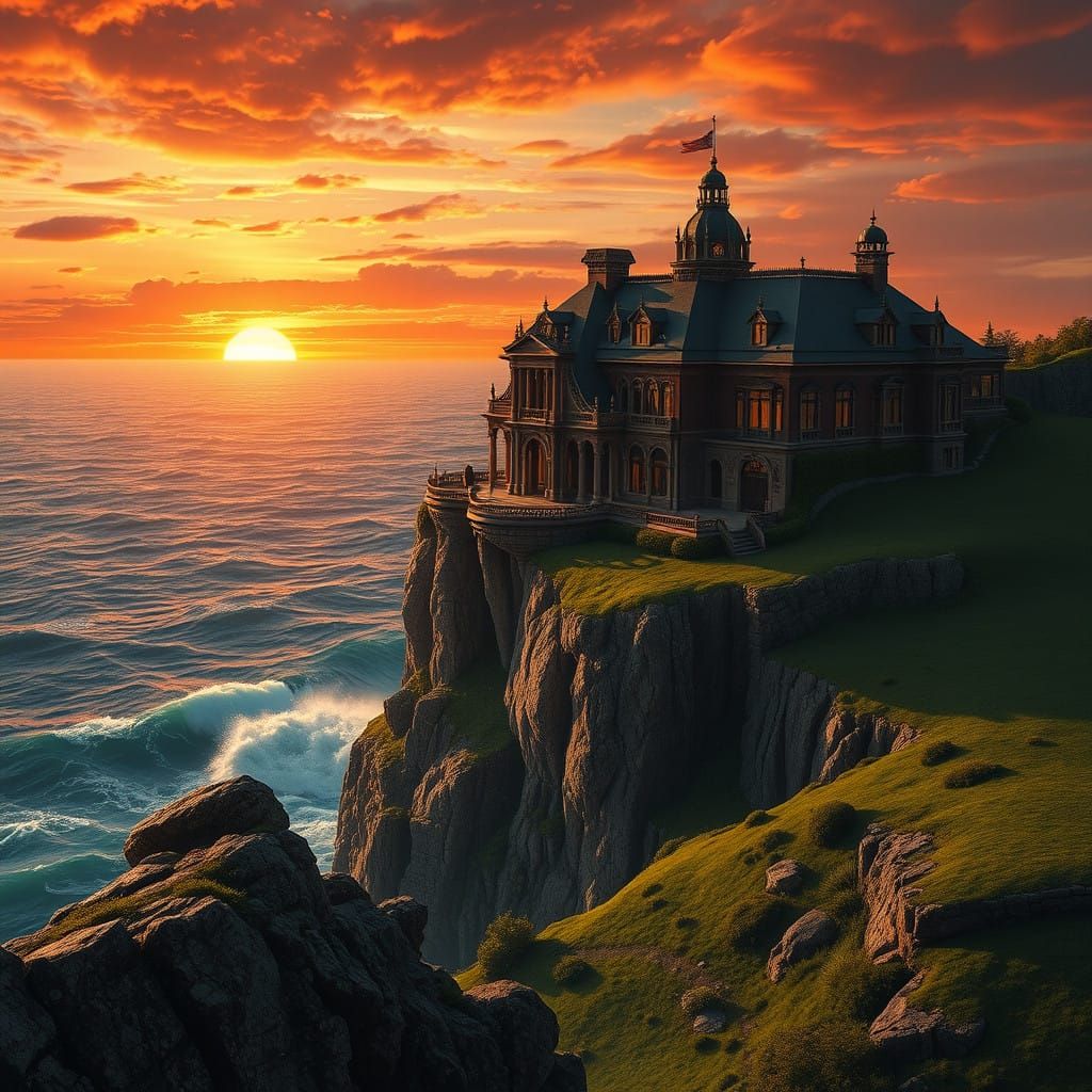 Majestic Cliffside Mansion at Sunset - AI Art