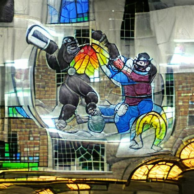 A stained glass window depicting a giant gorilla throwing barrels at a ...