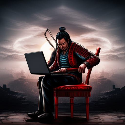 samurai sitting on a chair and coding on his laptop - AI Generated ...