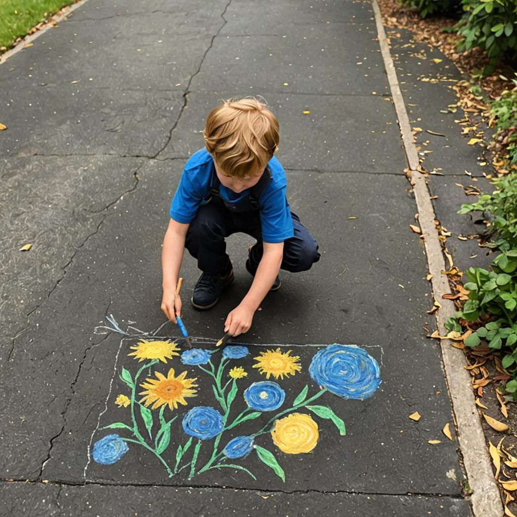A child drawing on a driveway using chalk. - AI Generated Artwork ...