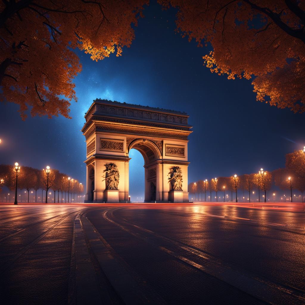 The Arc de Triomphe lit up at night - AI Generated Artwork - NightCafe Creator
