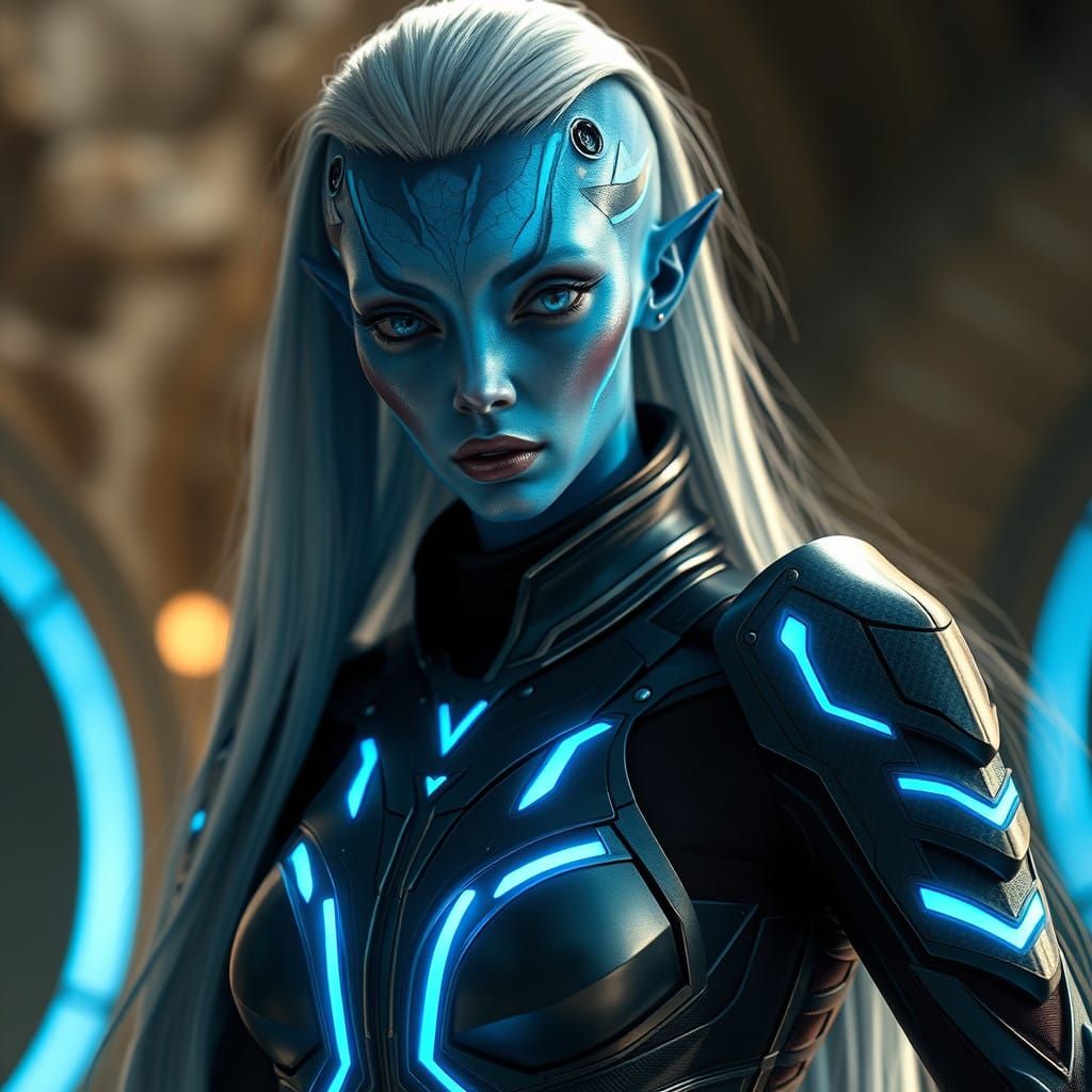 A stunning female alien creature with iridescent blue skin and long ...