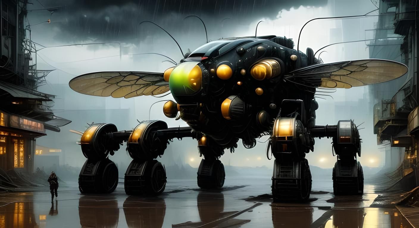Large mechanical biopunk bee - AI Generated Artwork - NightCafe Creator