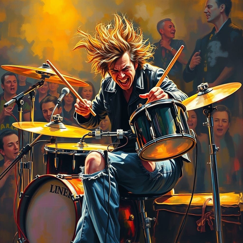 Frenzied Rock Drummer in Vibrant Oil Painting - AI Art