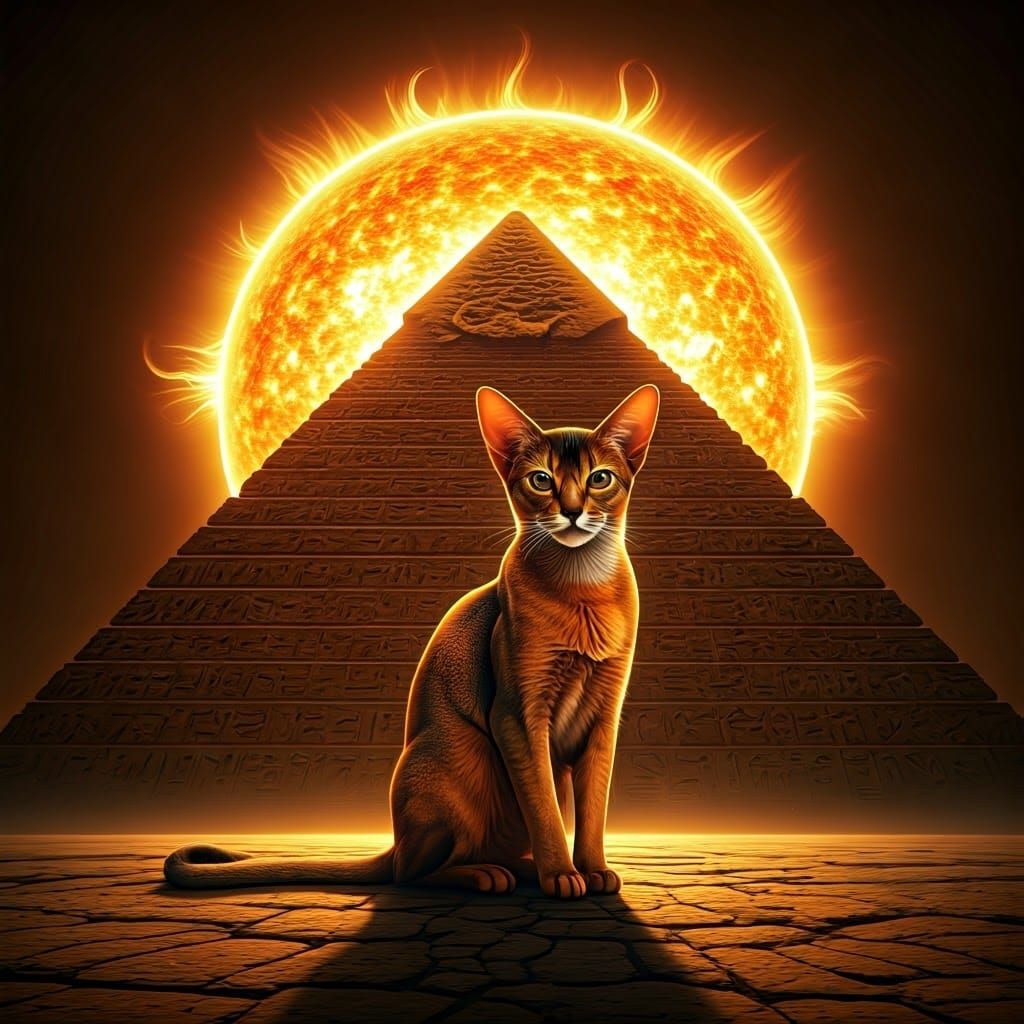 An Egyptian Abyssinian cat in front of a pyramid with a large sun and ...