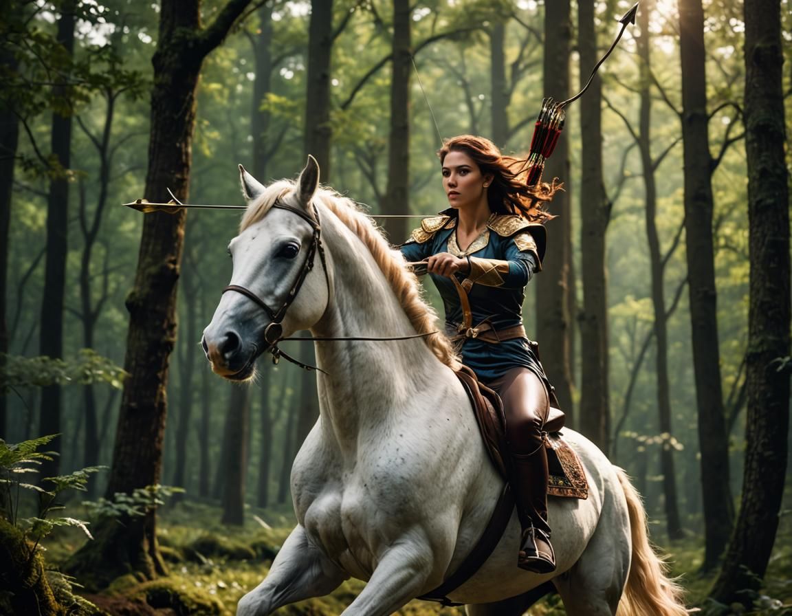 A mythological centaurus woman-horse galloping in front of a forest while aiming an arrow in his ...