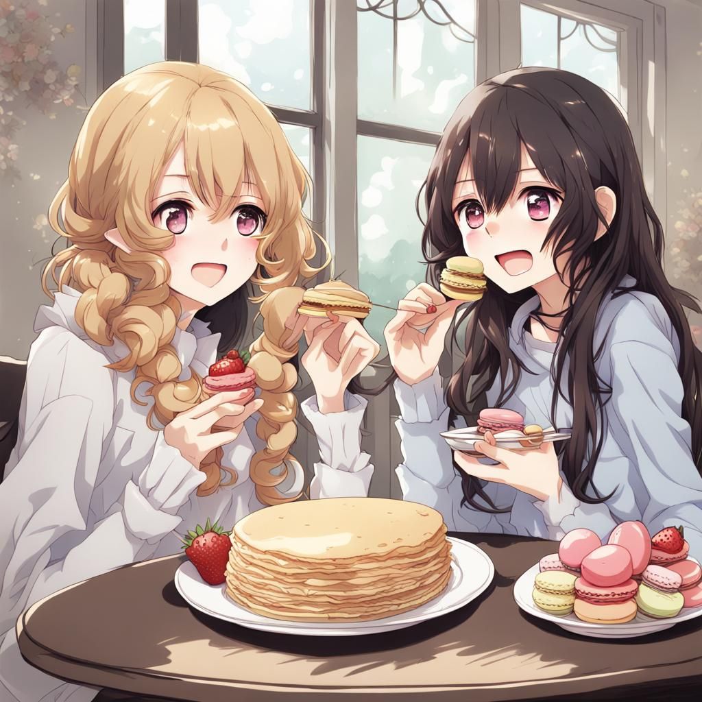 girls eating crepes & macaroons - AI Generated Artwork - NightCafe Creator