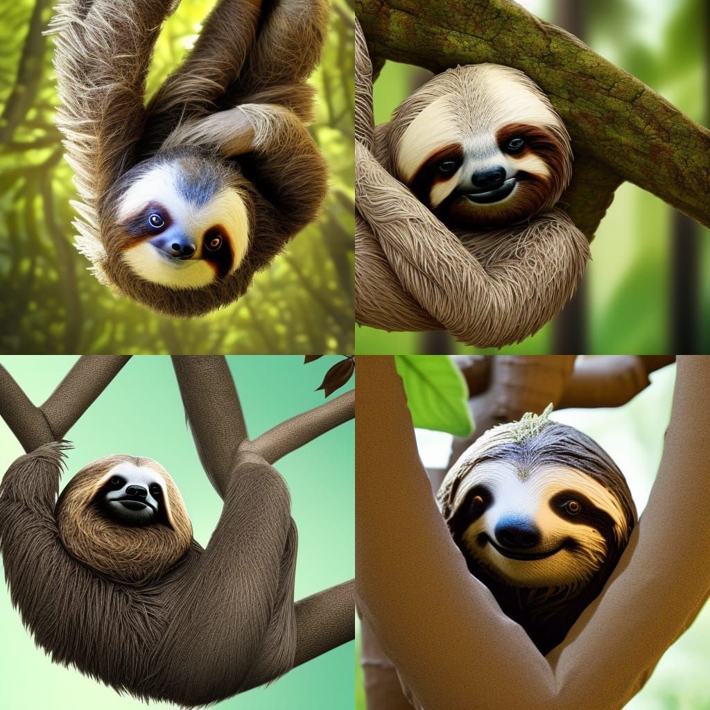 cute and cuddly sloth hanging in a tree, fine details, hyper realistic ...