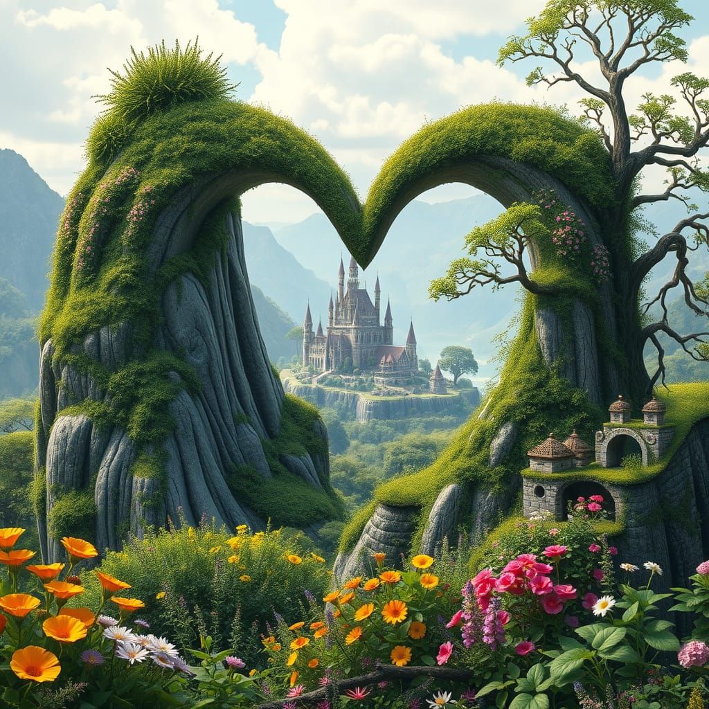 Enchanted Heart Mountain with Whimsical Kingdom - AI Art