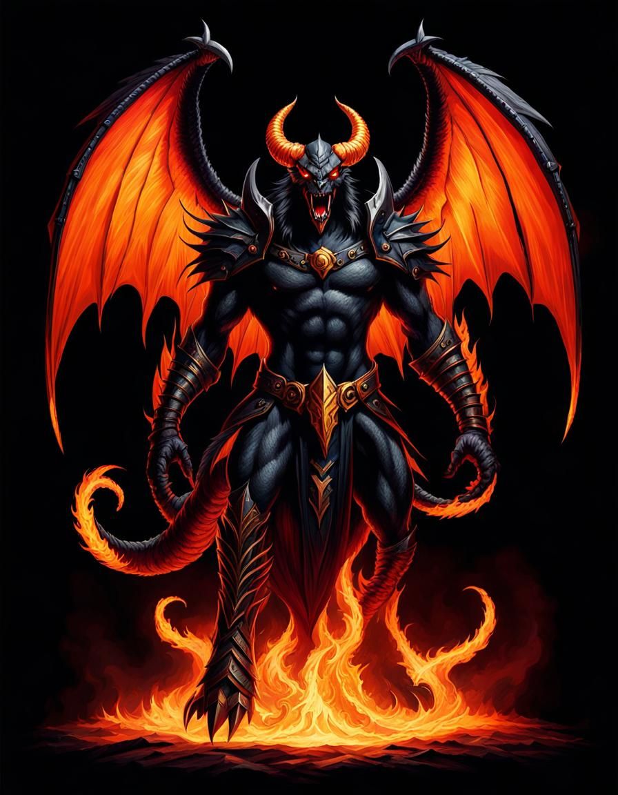 A frightening dangerous gothic full body shot of a fiery orange, red ...