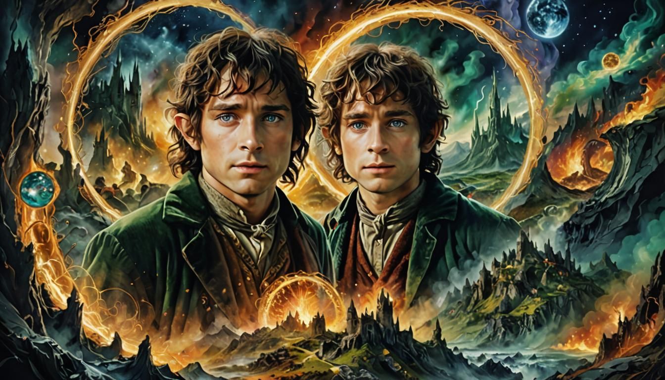 Double exposure of a Lord of the Rings collage and a hobbit, collage ...