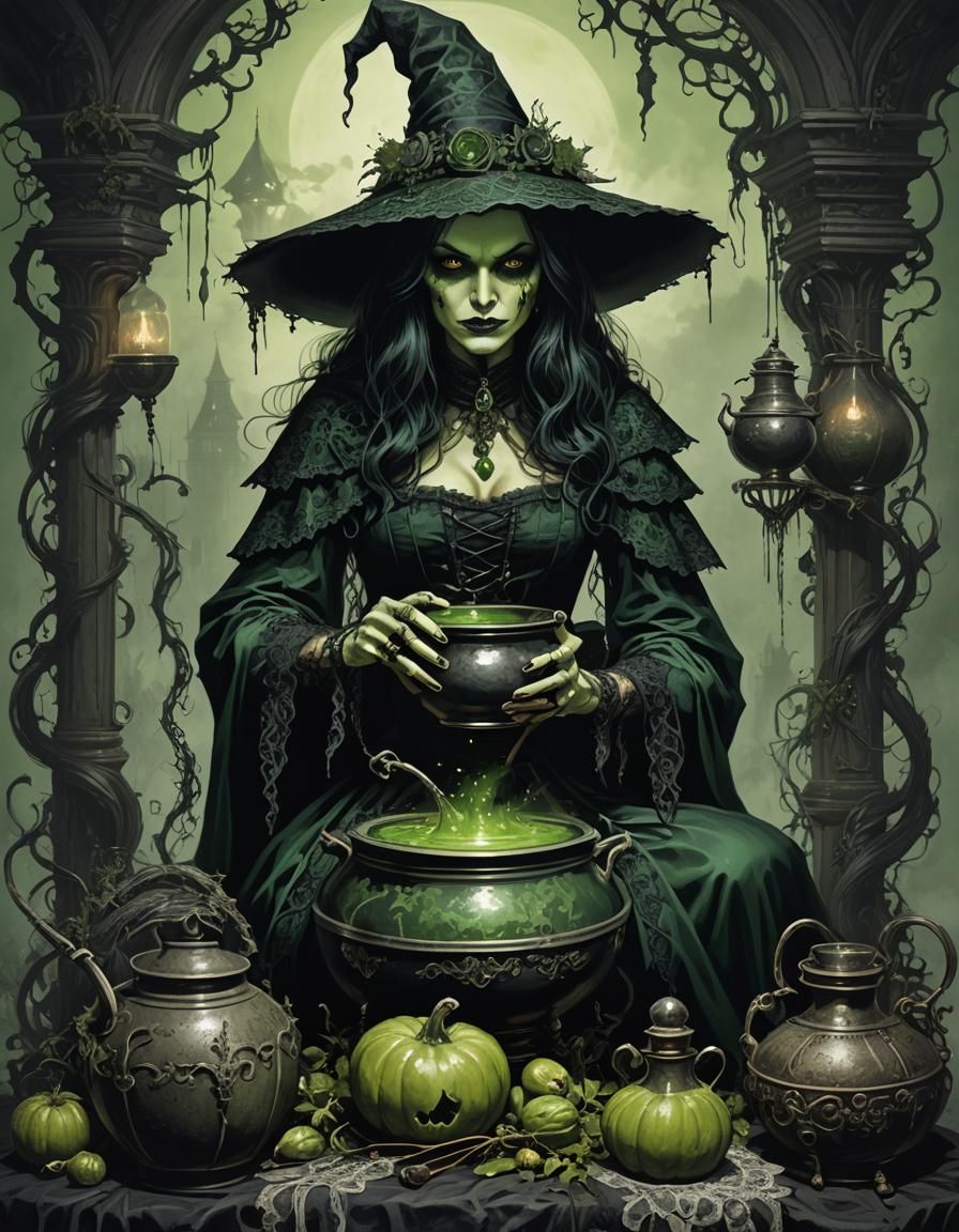gothic dark green black lace victorian witch with poison cauldron ...