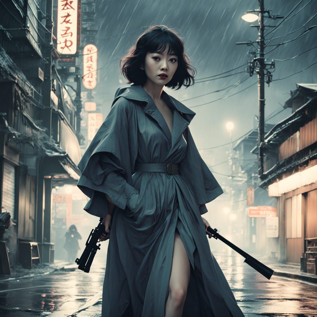 Stormy Sniper: A Cinematic Japanese Noir Portrait - AI Art