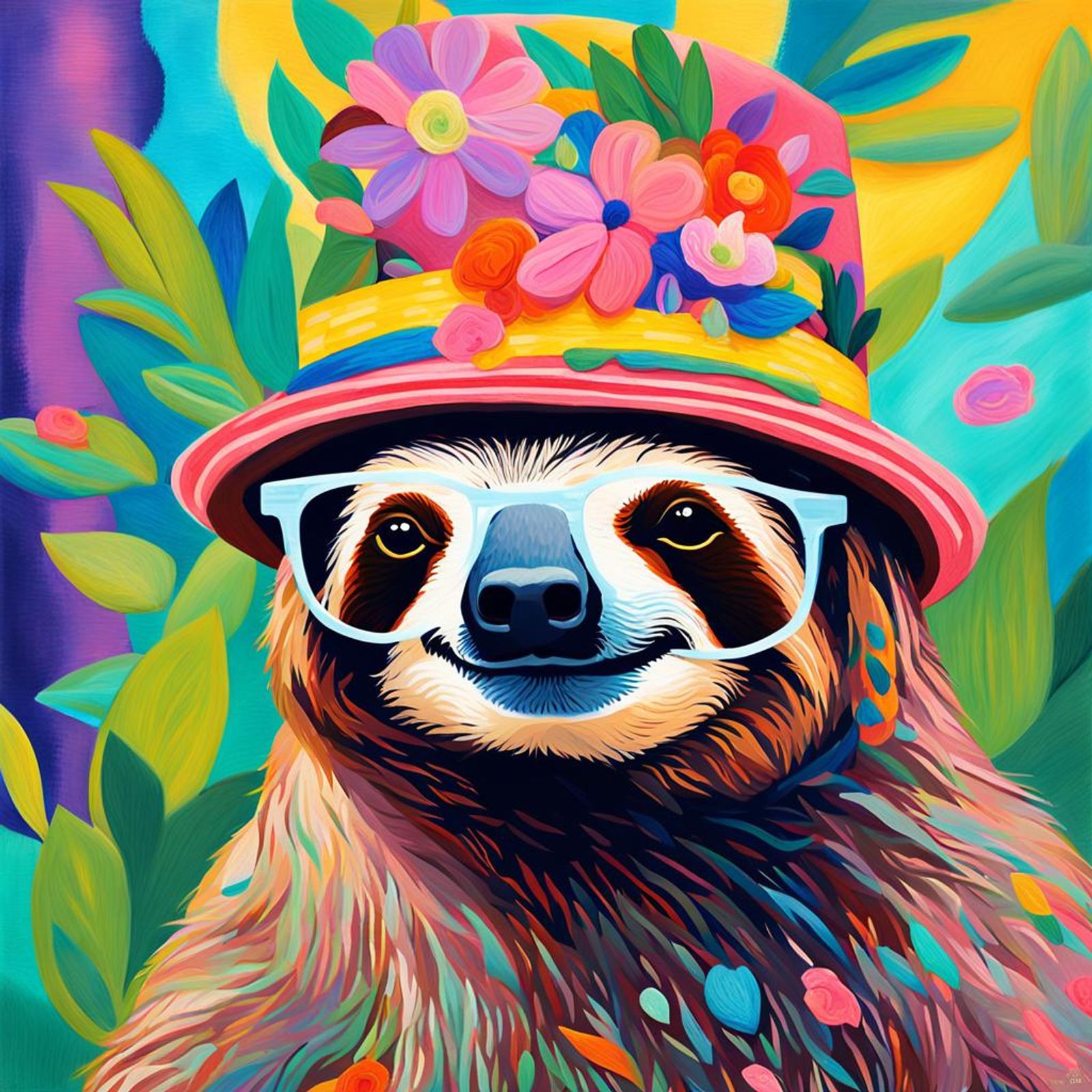 Whimsical female sloth in rainbow colors wearing a flowered hat and ...