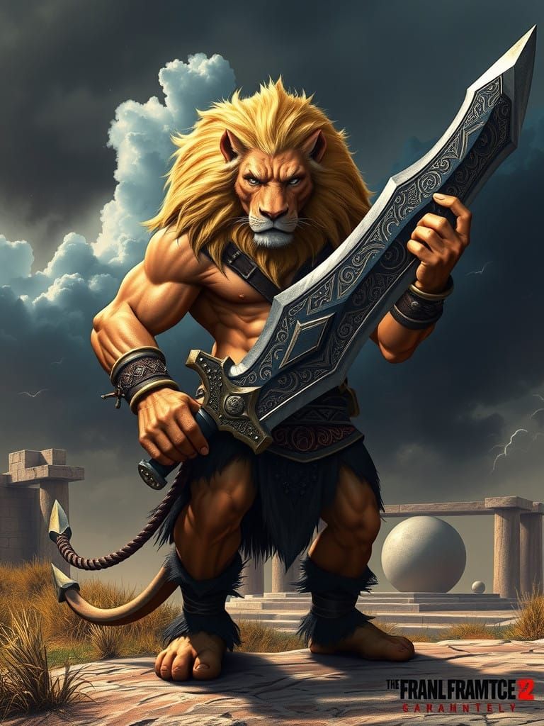 Anthropomorphic male lion, barbarian, great sword.