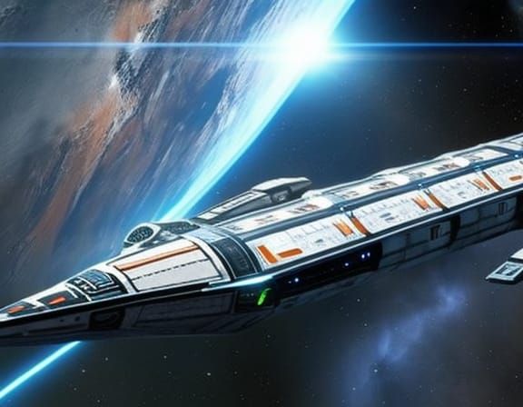 A cinematic epic scene of a elongated long multi-stage interstellar ...