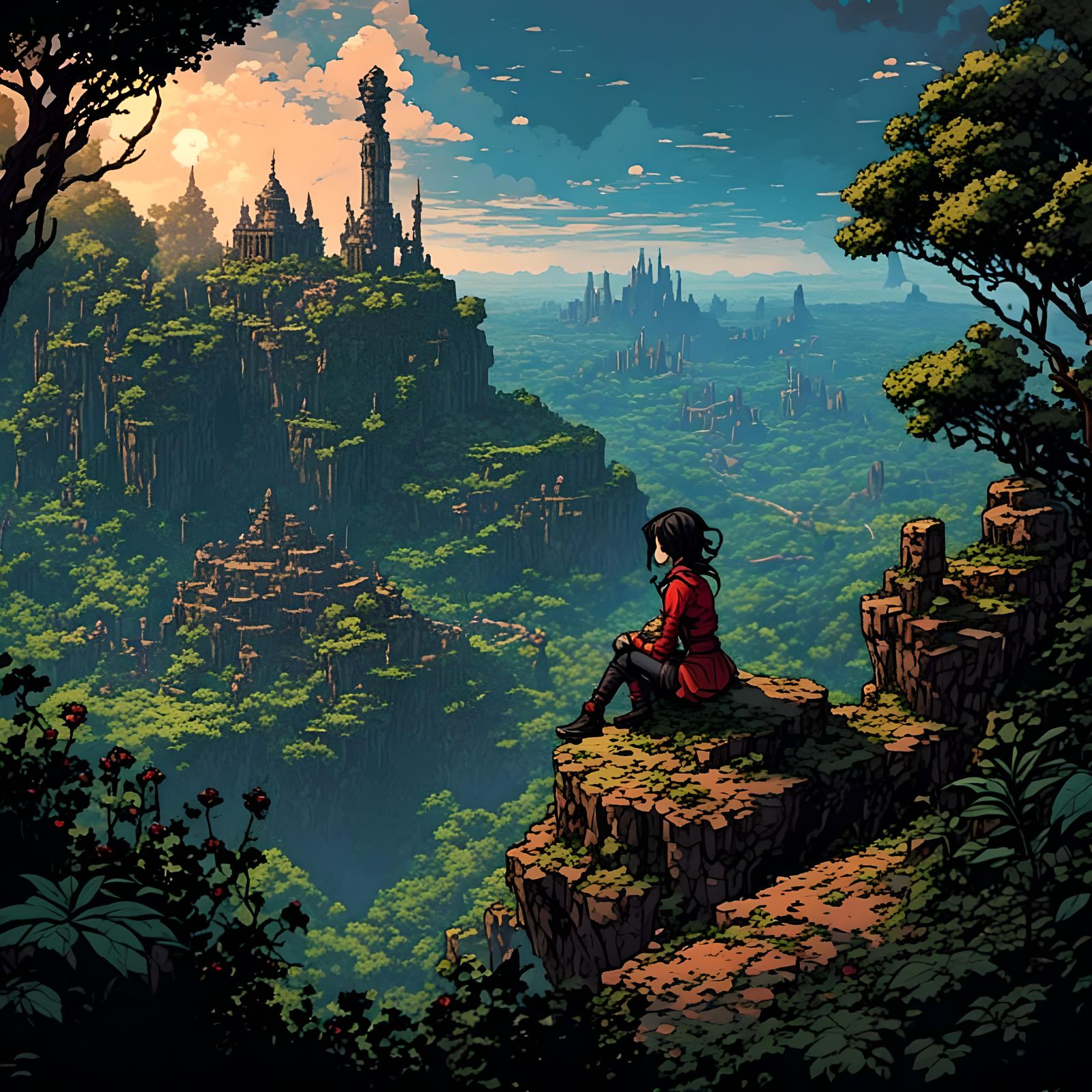 A woman sits on a cliff overlooking an ancient ruined city. Futuristic ...