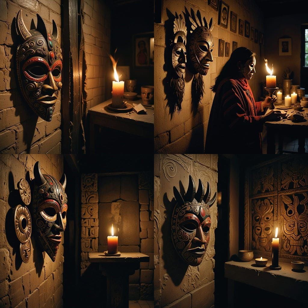 Ethereal Oaxacan Masks in a Crumbling Temple - AI Art