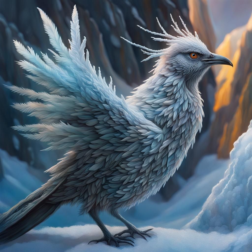 Hyper-detailed symphony in frozen plumes of a fantasy bird in an alien ...