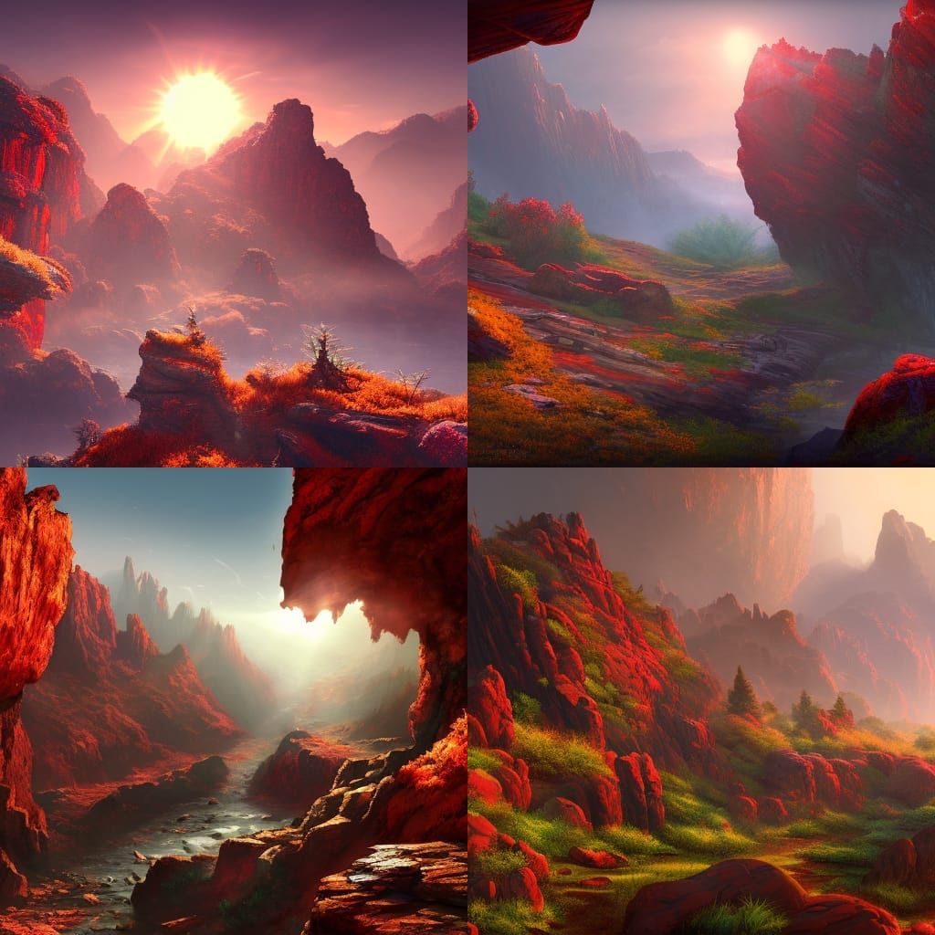 red rocky ravine with sun shining down detailed matte painting, deep ...