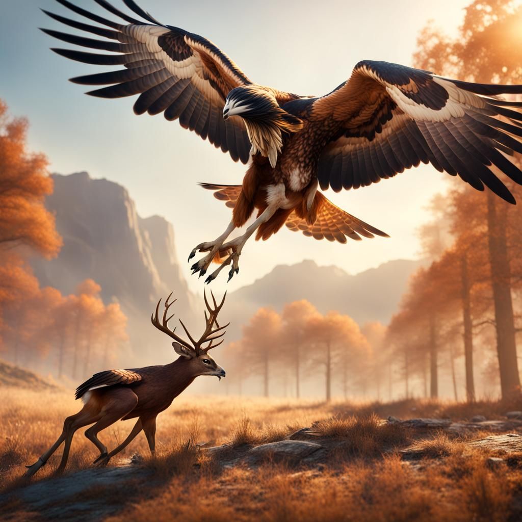 A bird of prey of the hawk species attacks a deer on a sunny plain - AI ...
